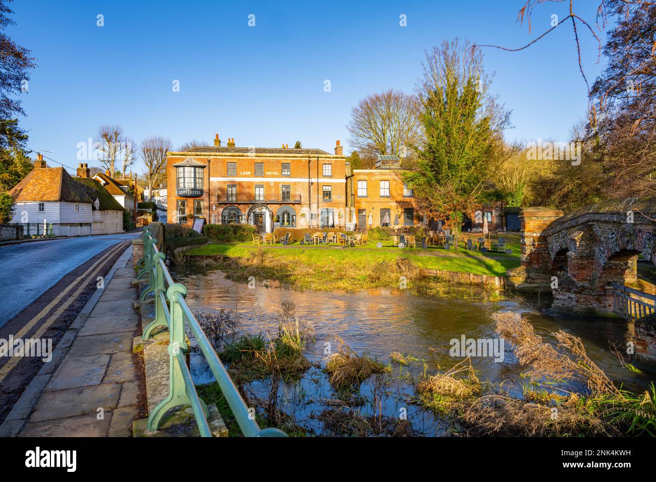 The Lion pub and the river Darent at Farningham Kent on a sunny winter ...
