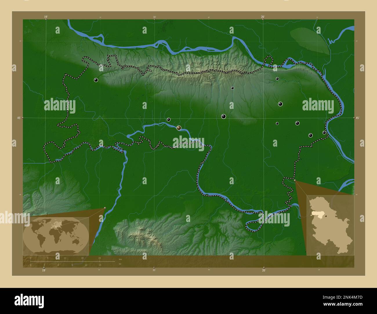 Sremski, district of Serbia. Colored elevation map with lakes and ...