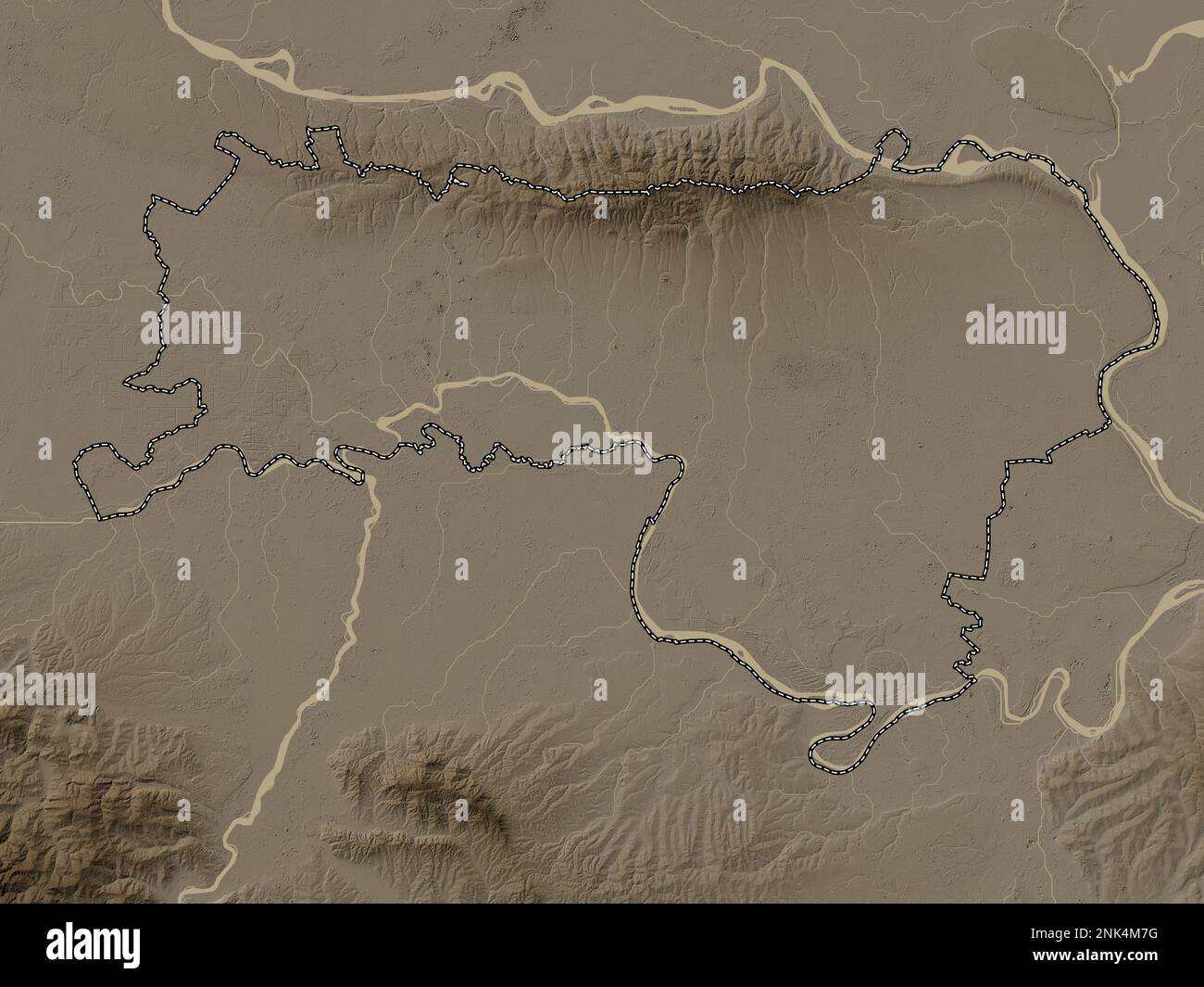 Sremski, district of Serbia. Elevation map colored in sepia tones with ...