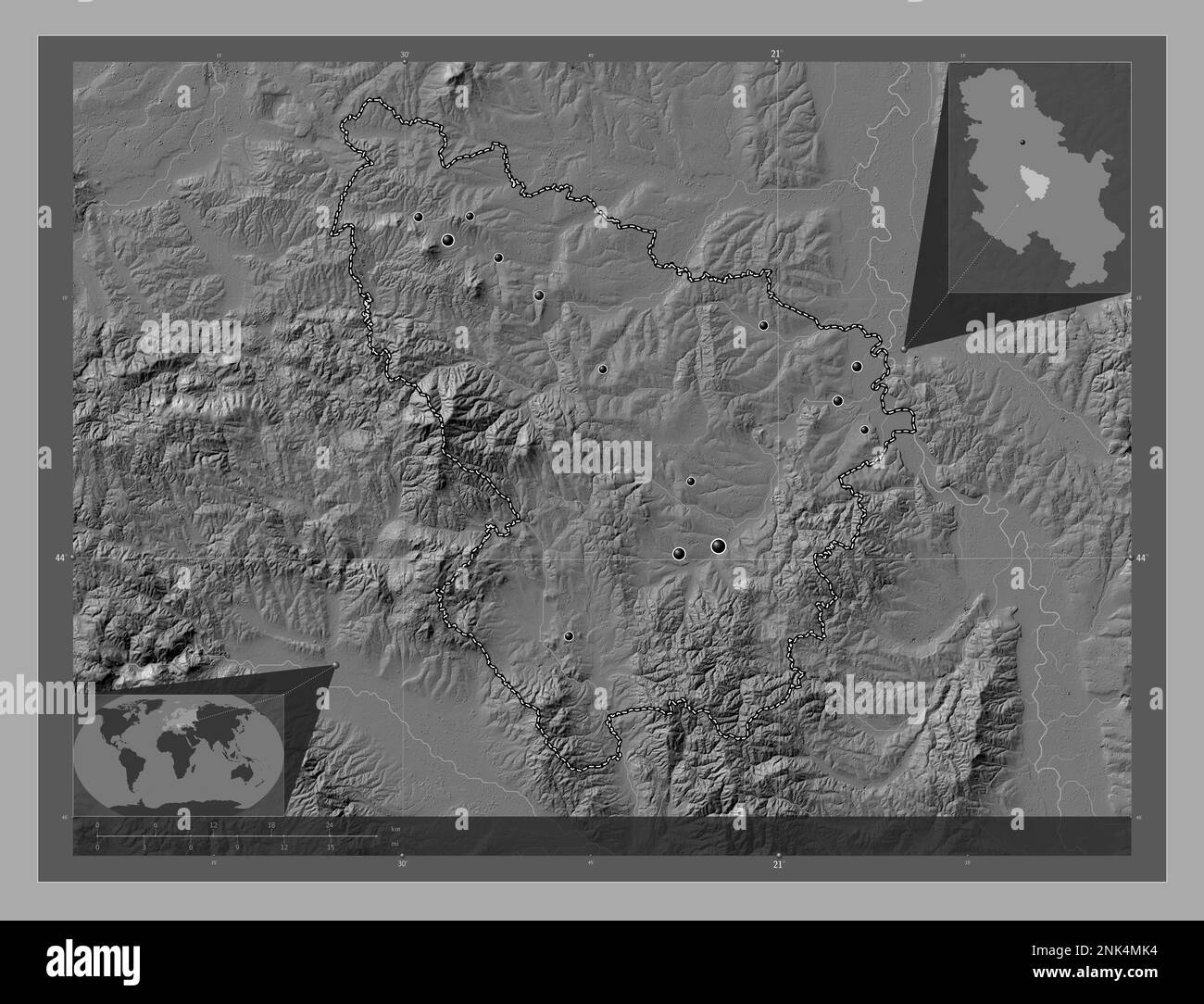 Sumadijski, district of Serbia. Bilevel elevation map with lakes and ...