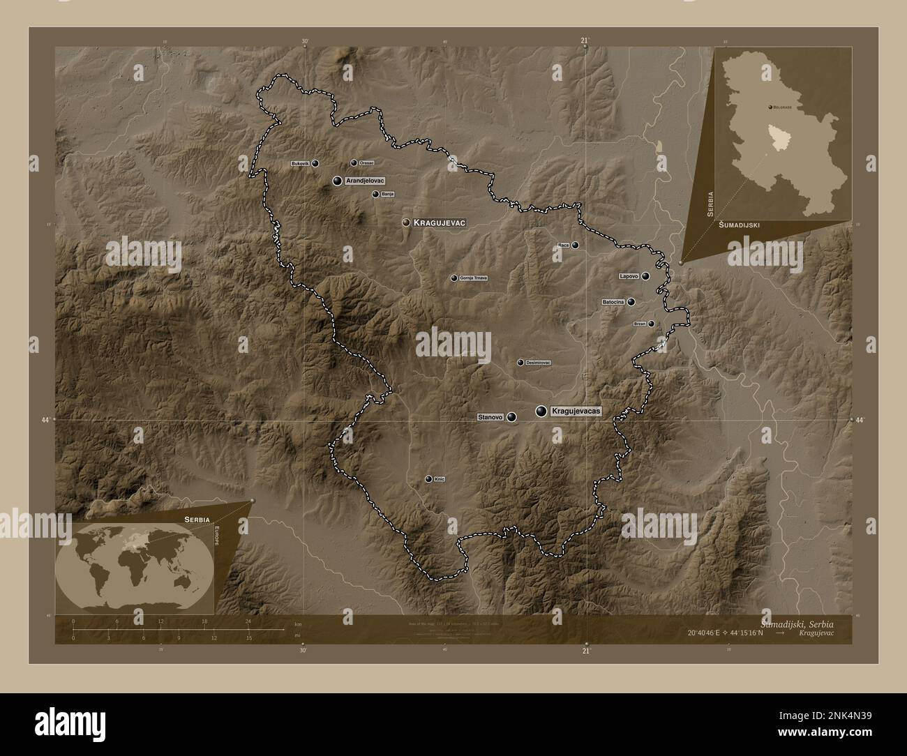 Sumadijski, district of Serbia. Elevation map colored in sepia tones ...