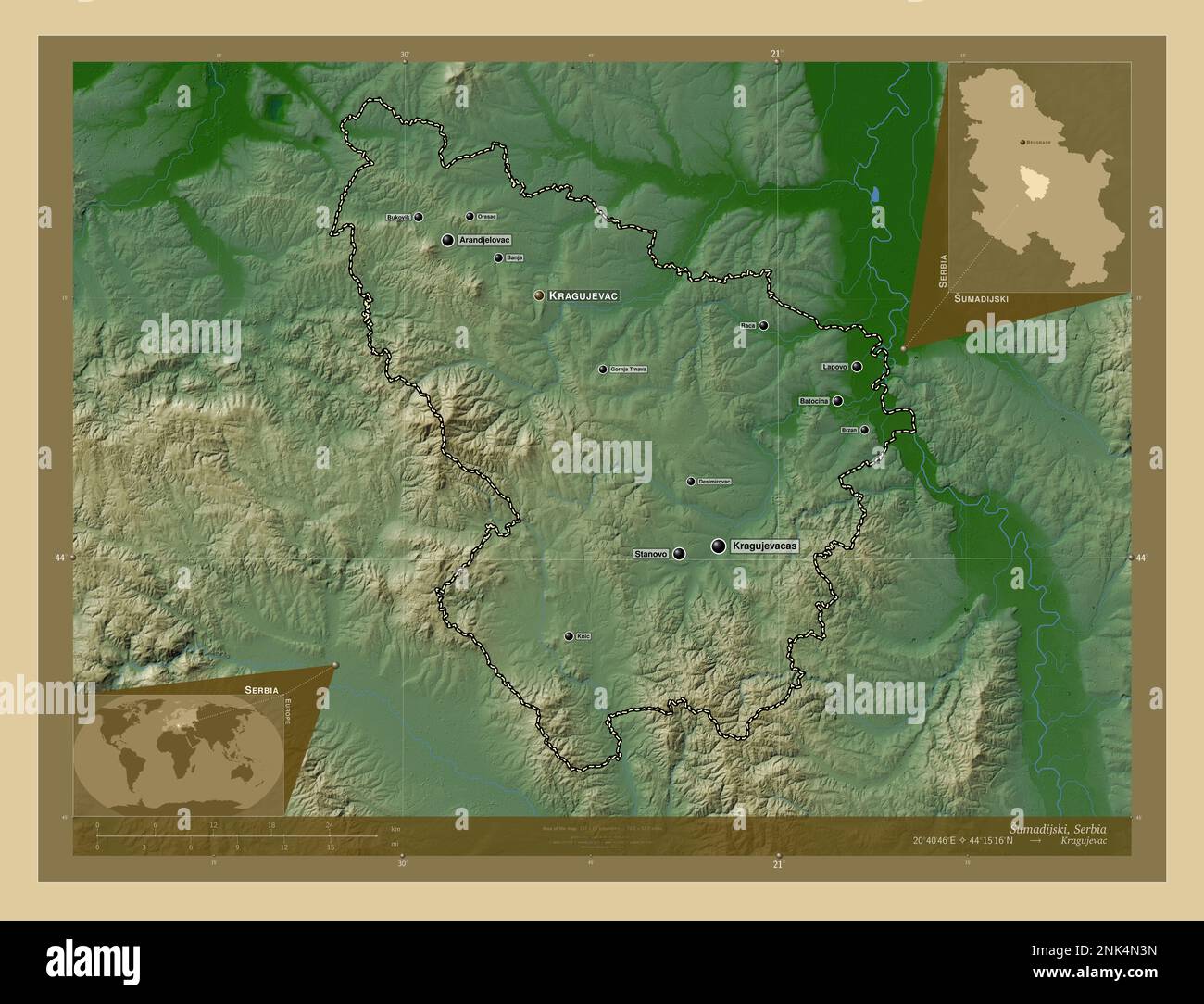 Sumadijski, district of Serbia. Colored elevation map with lakes and ...
