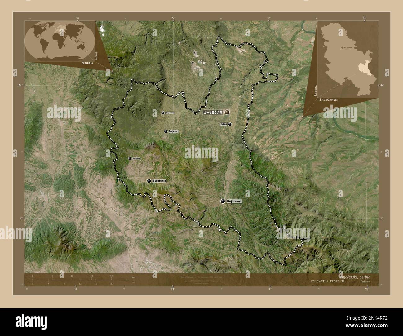 Zajecarski, district of Serbia. Low resolution satellite map. Locations ...