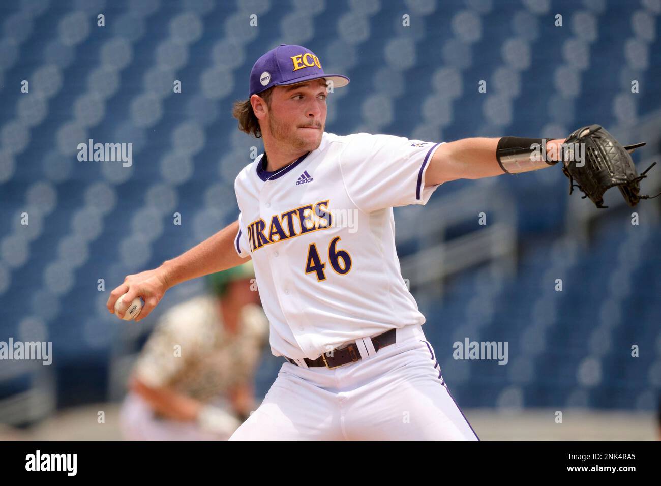 ECU Pirates pitcher Trey Yesavage (46) delivers a pitch during the ...