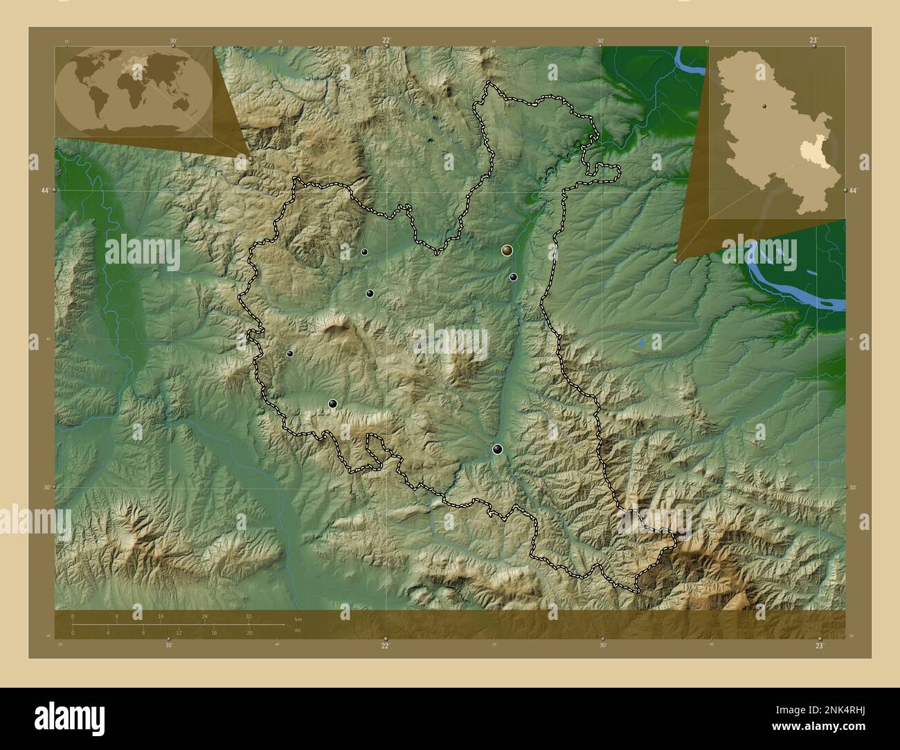 Zajecarski, district of Serbia. Colored elevation map with lakes and ...