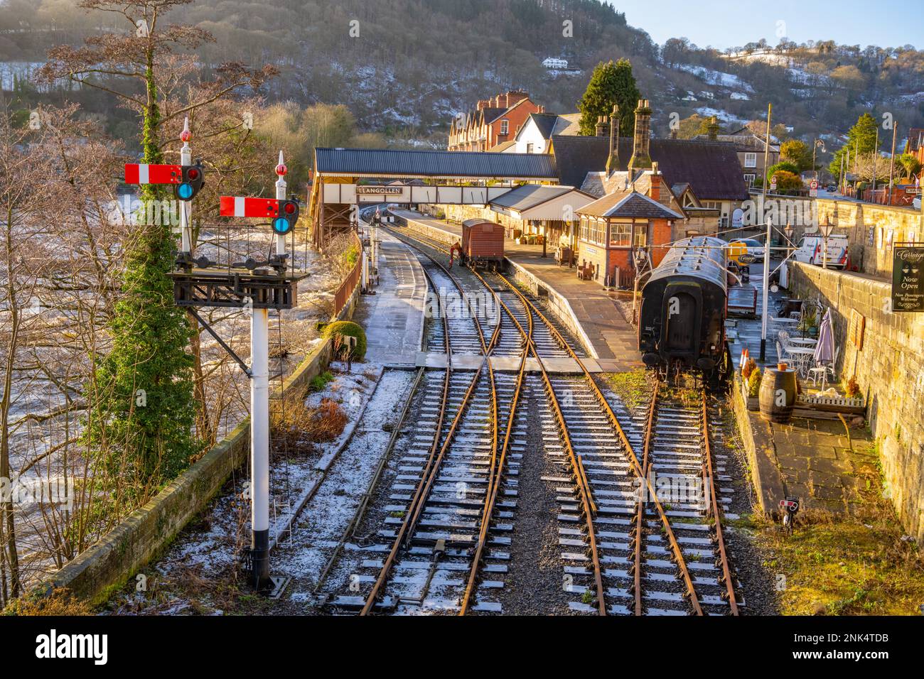 The railway station and lines at Llangollen Denbighshire north Wales ...