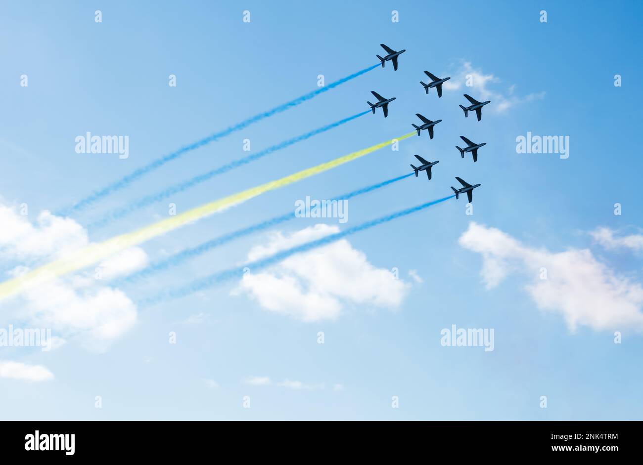 Planes group fly with color trail of Sweden, Ukraine, Bahamas Stock ...
