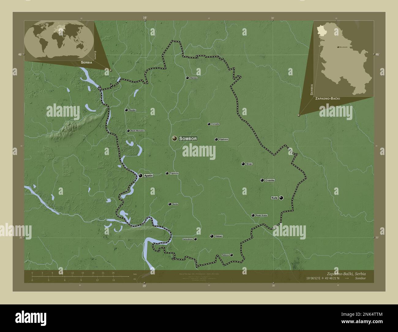 Zapadno-Backi, district of Serbia. Elevation map colored in wiki style ...