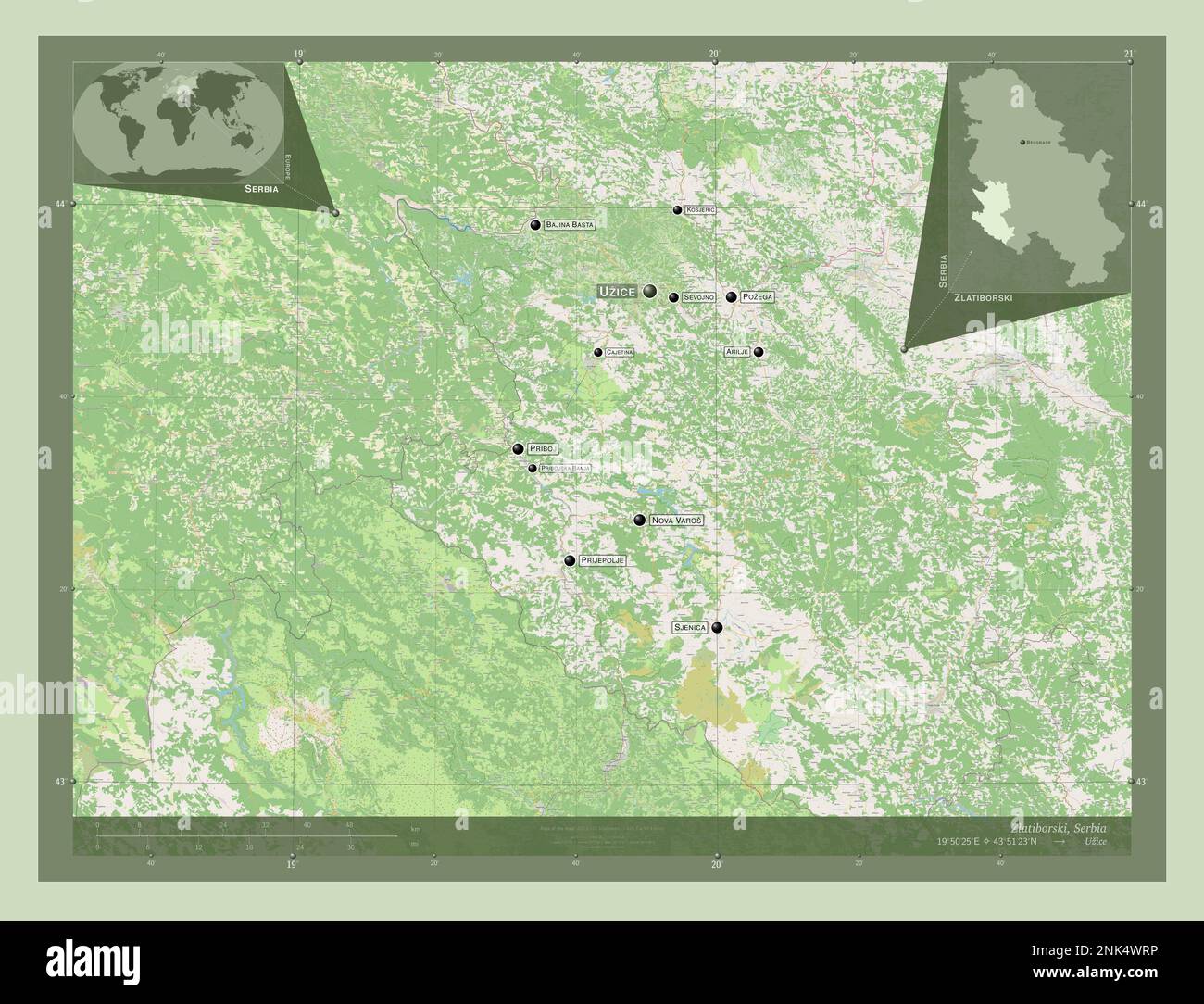 Zlatiborski, district of Serbia. Open Street Map. Locations and names ...