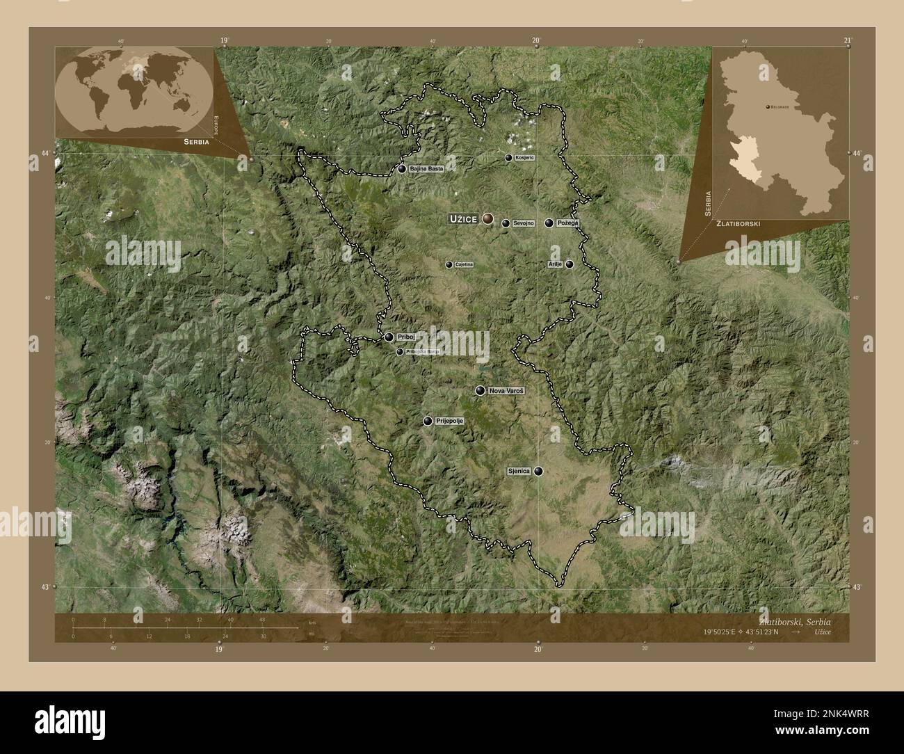 Zlatiborski, district of Serbia. Low resolution satellite map ...