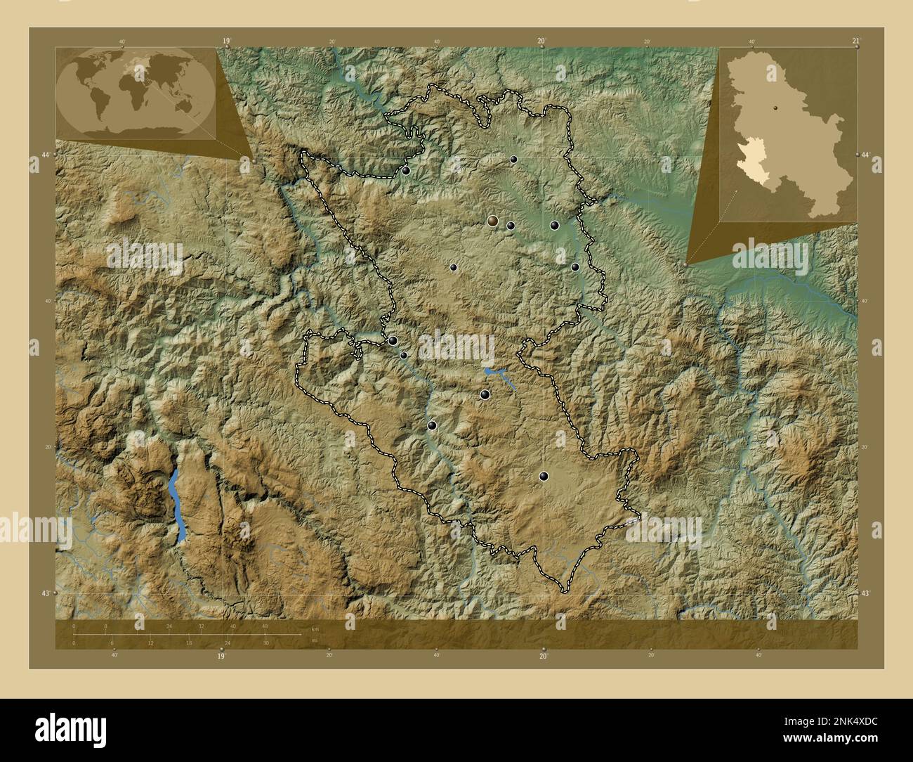 Zlatiborski, district of Serbia. Colored elevation map with lakes and ...