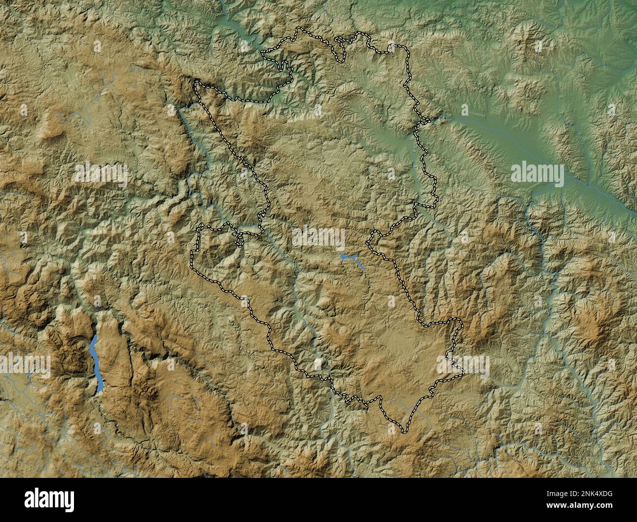 Zlatiborski, district of Serbia. Colored elevation map with lakes and ...