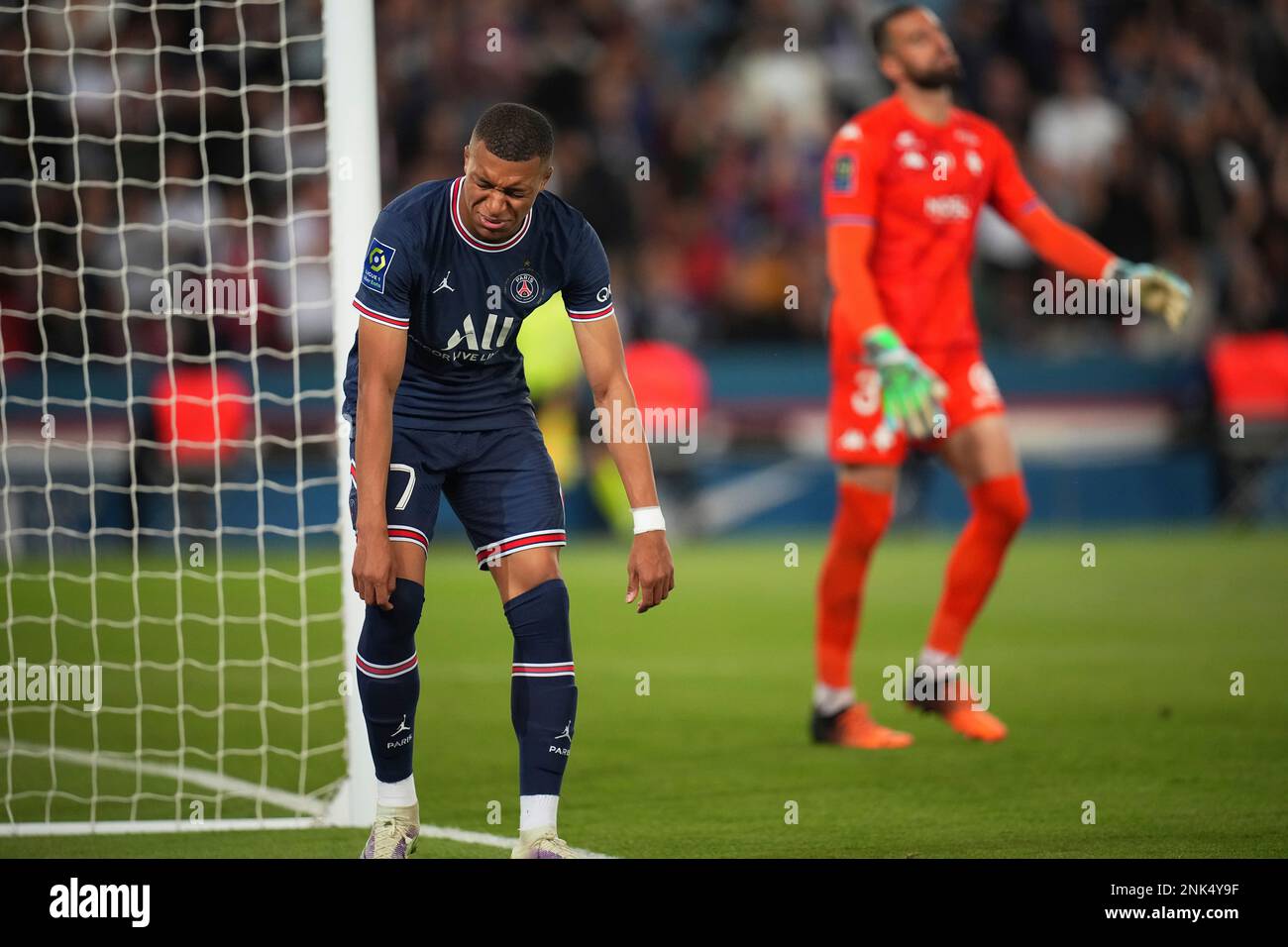 PARIS, FRANCE - MAY 21: Kylian Mbappe (7) is reacting after missing his ...