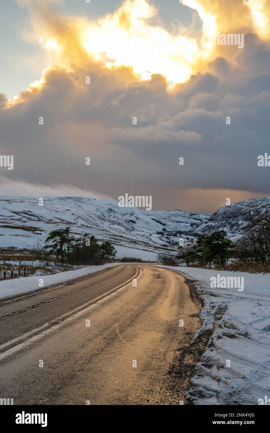 Looking along the A4212 and the Afon Prysor Valley in North Wales with ...
