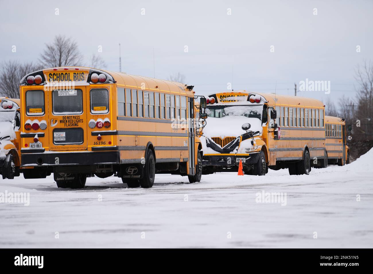 Ottawa, Canada, Feb. 23, 2023. Snow covered school buses are seen in a ...