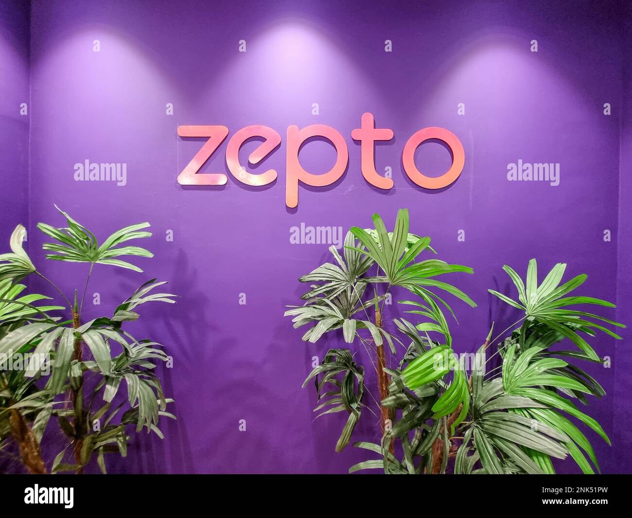 Online startup delivery app Zepto logo on purple wall with plants below ...