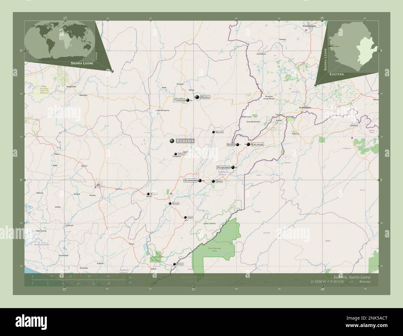 Eastern, province of Sierra Leone. Open Street Map. Locations and names ...