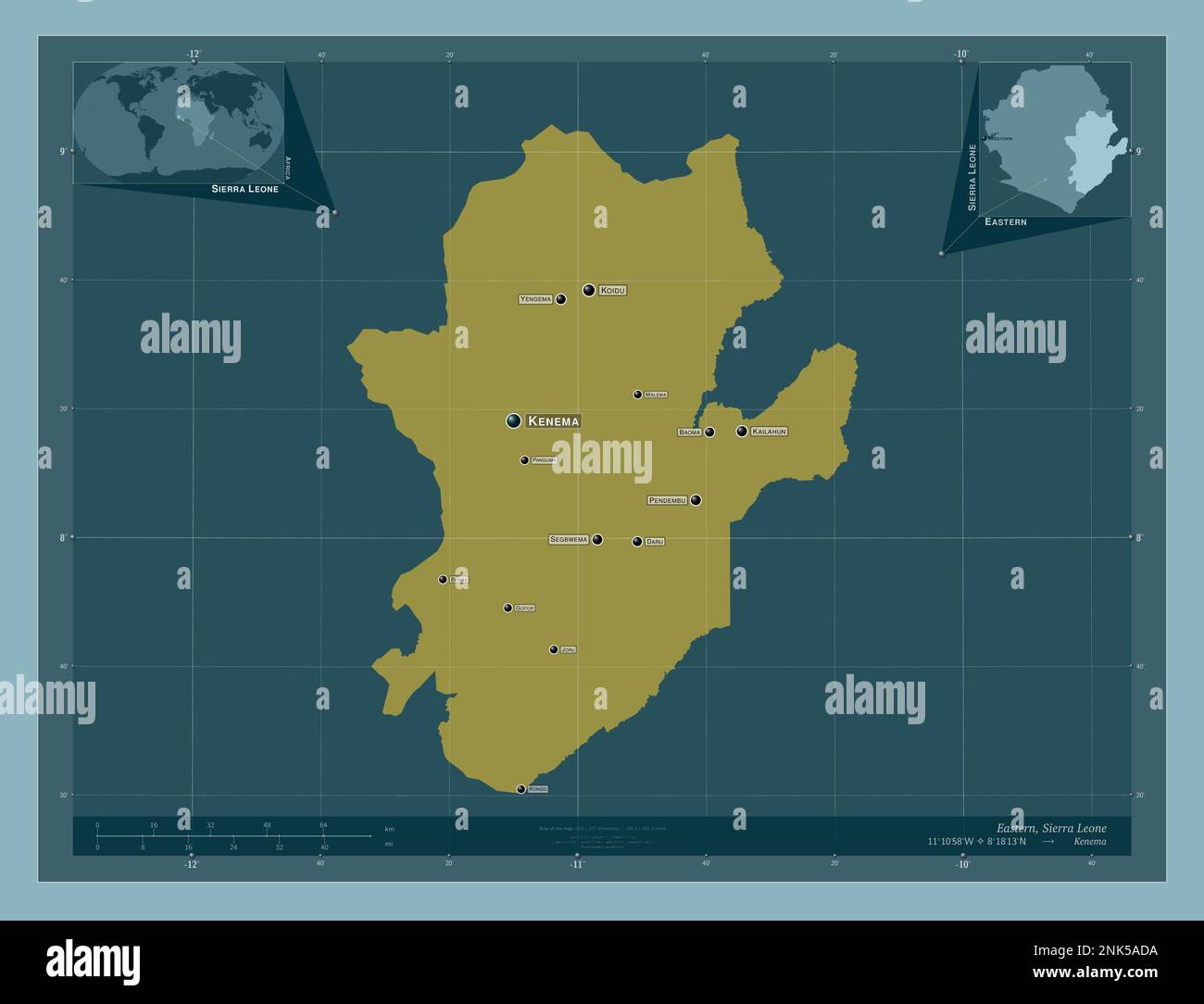 Eastern, province of Sierra Leone. Solid color shape. Locations and ...