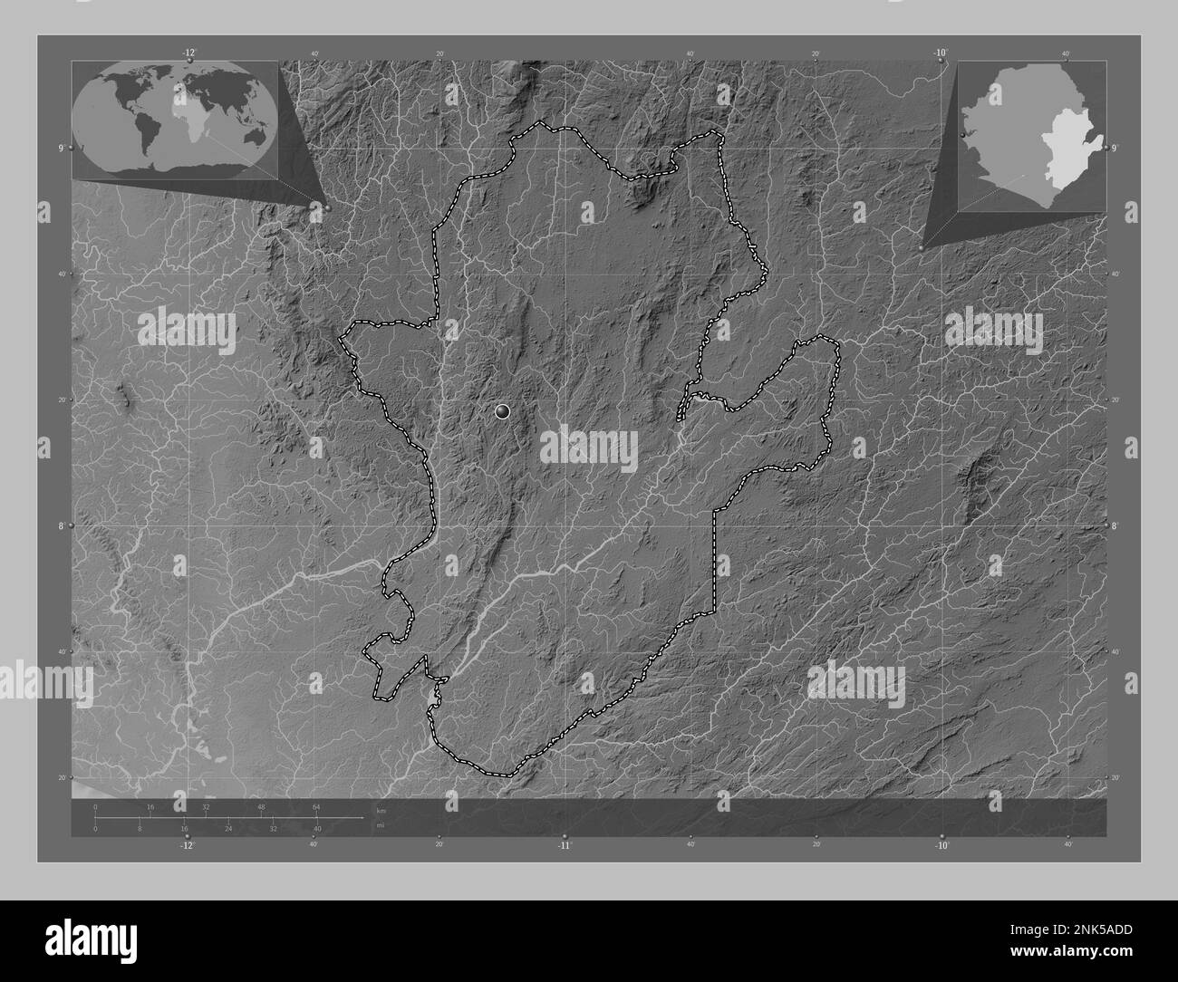 Eastern, province of Sierra Leone. Grayscale elevation map with lakes ...
