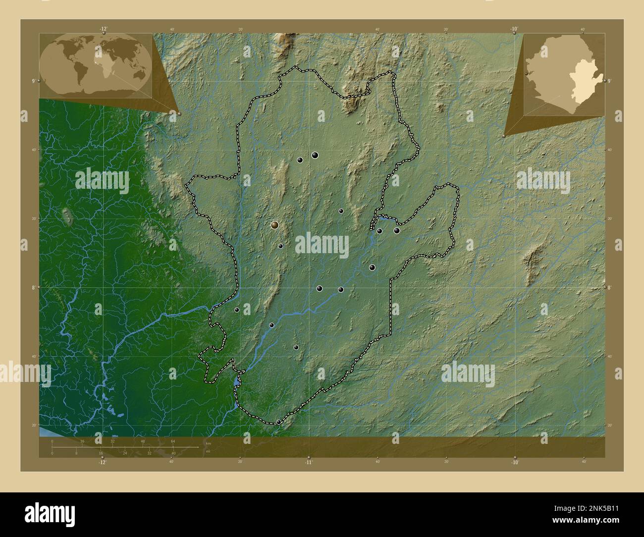 Eastern, province of Sierra Leone. Colored elevation map with lakes and ...