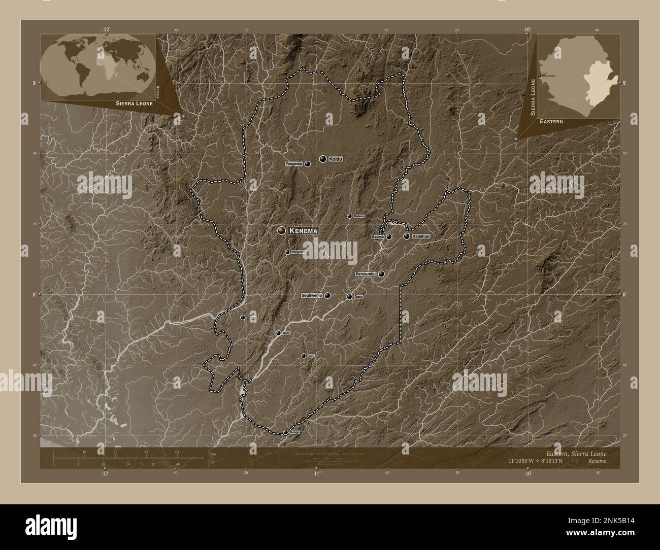 Eastern, province of Sierra Leone. Elevation map colored in sepia tones ...