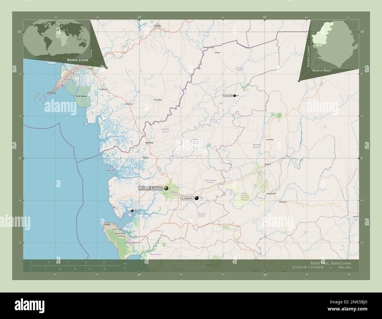 North West, province of Sierra Leone. Open Street Map. Locations and ...