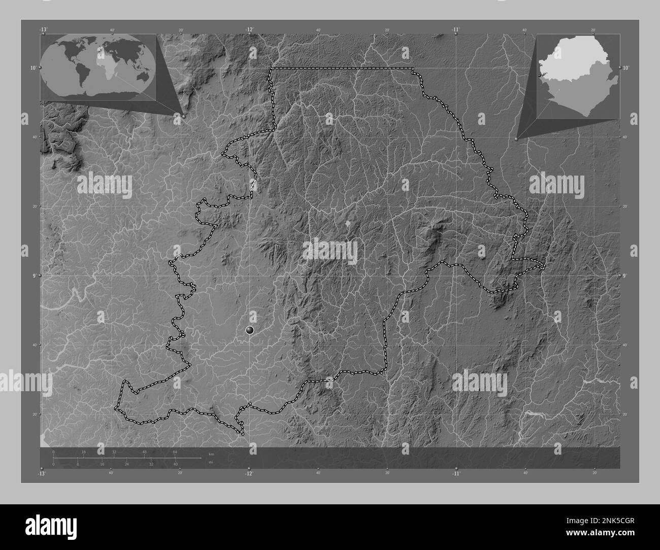 Northern, province of Sierra Leone. Grayscale elevation map with lakes ...