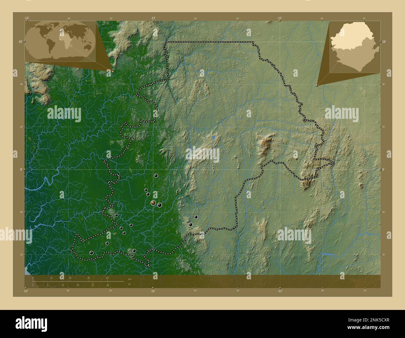 Northern, province of Sierra Leone. Colored elevation map with lakes ...