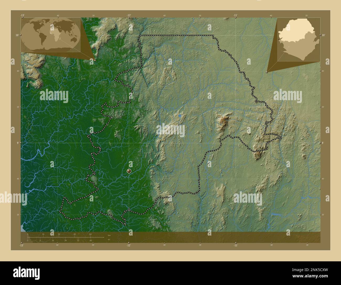 Northern, province of Sierra Leone. Colored elevation map with lakes ...