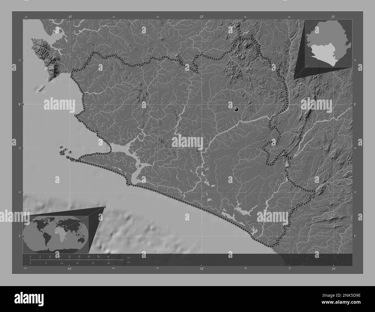 Southern, province of Sierra Leone. Bilevel elevation map with lakes ...