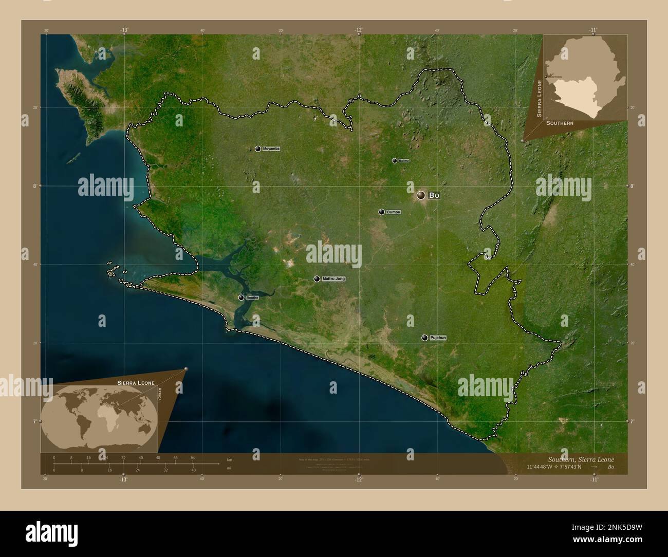 Southern, province of Sierra Leone. Low resolution satellite map ...