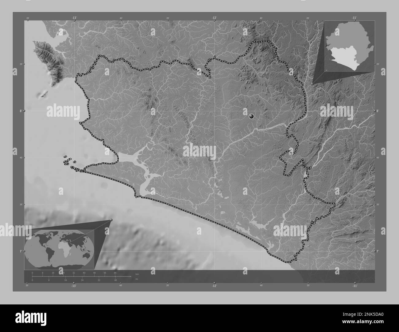 Southern, province of Sierra Leone. Grayscale elevation map with lakes ...