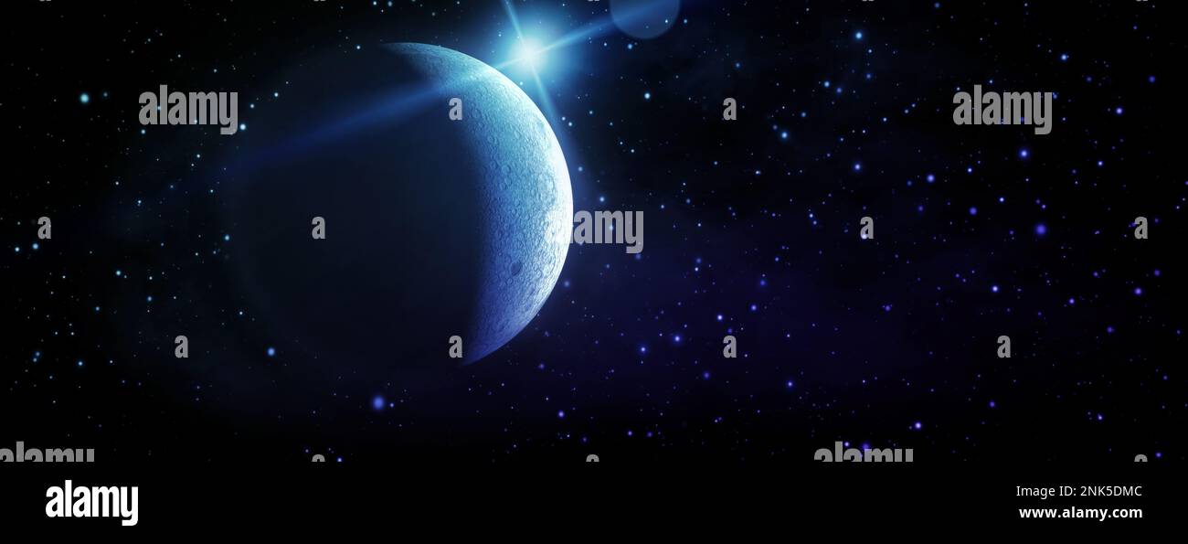 Moon on outer space, black, horizontal background. Scientific 3D ...