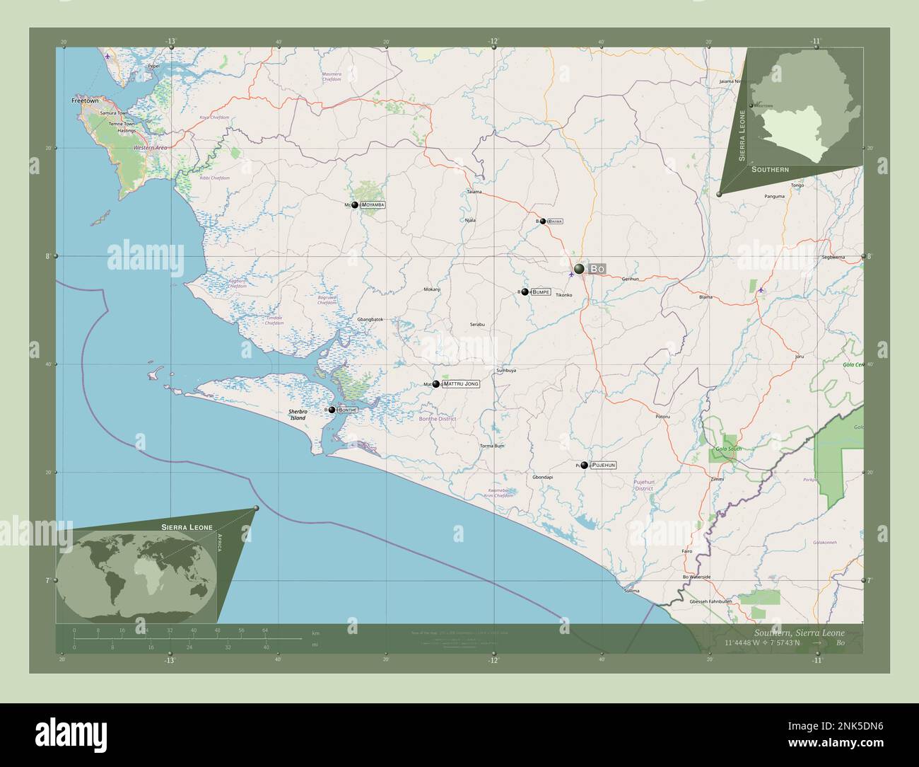 Southern, province of Sierra Leone. Open Street Map. Locations and ...