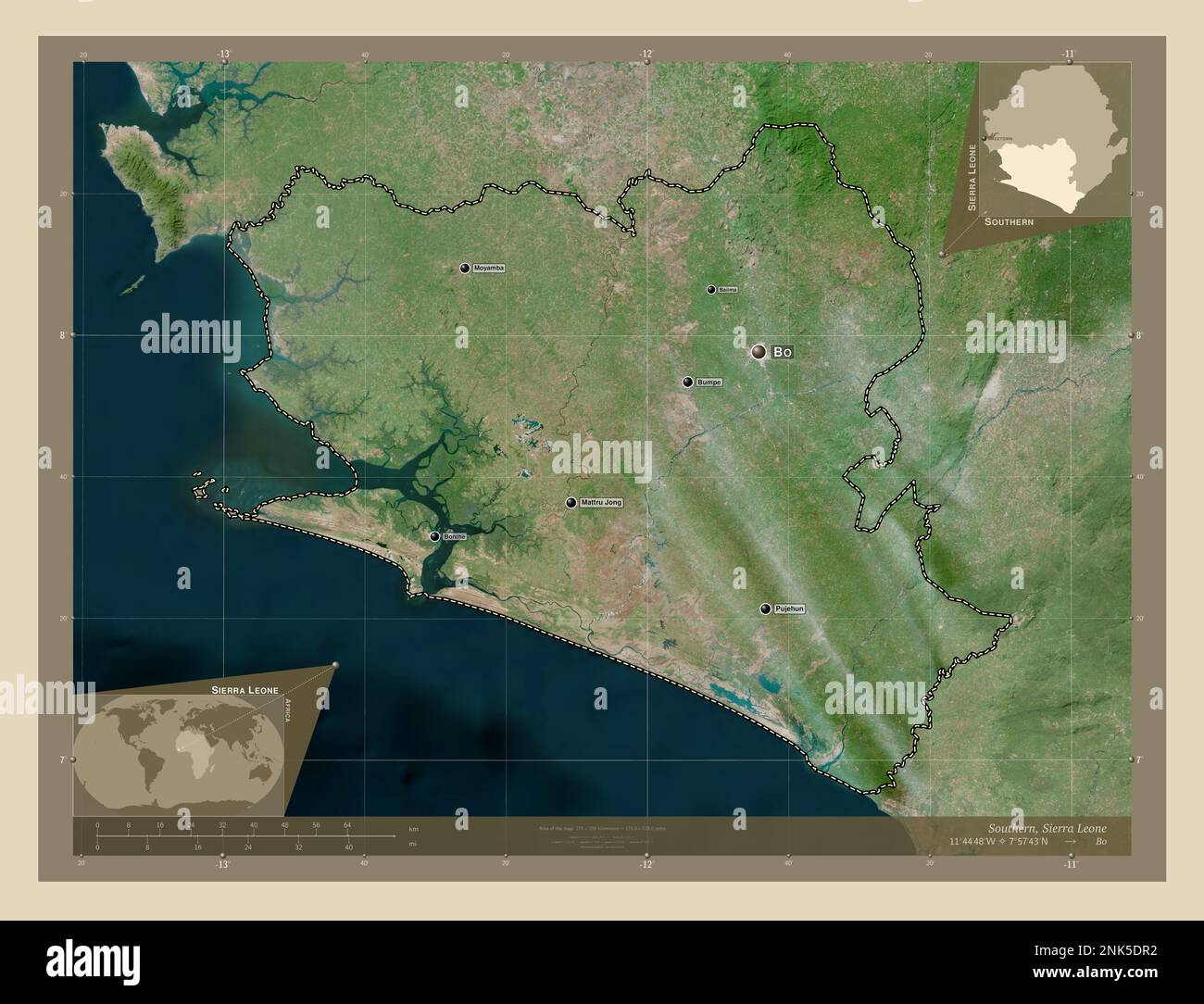 Southern, province of Sierra Leone. High resolution satellite map ...