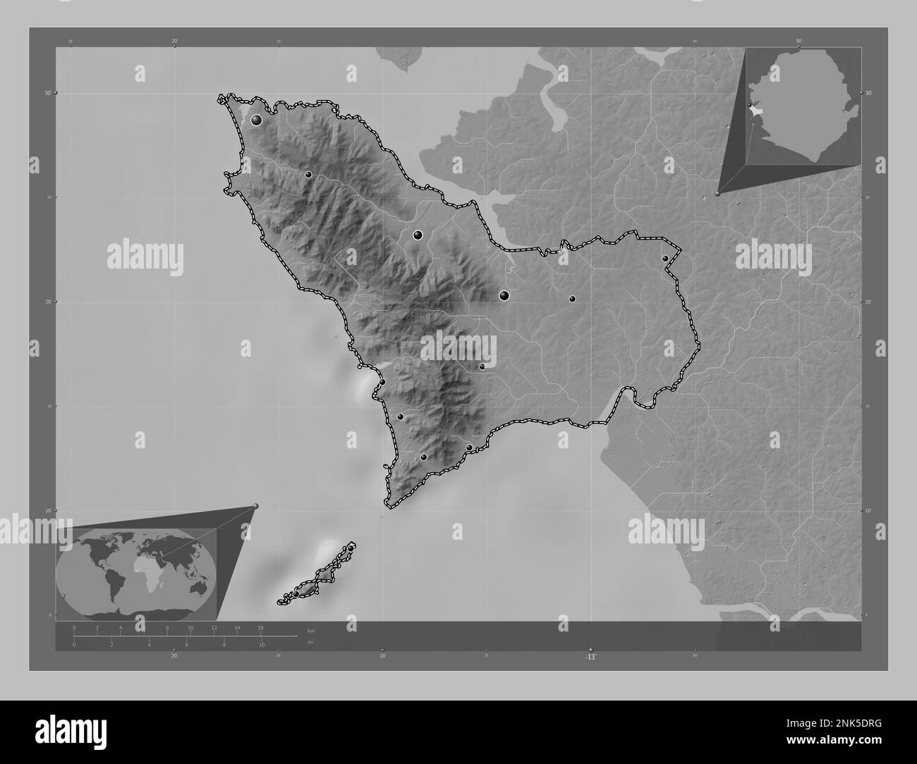 Western, province of Sierra Leone. Grayscale elevation map with lakes ...