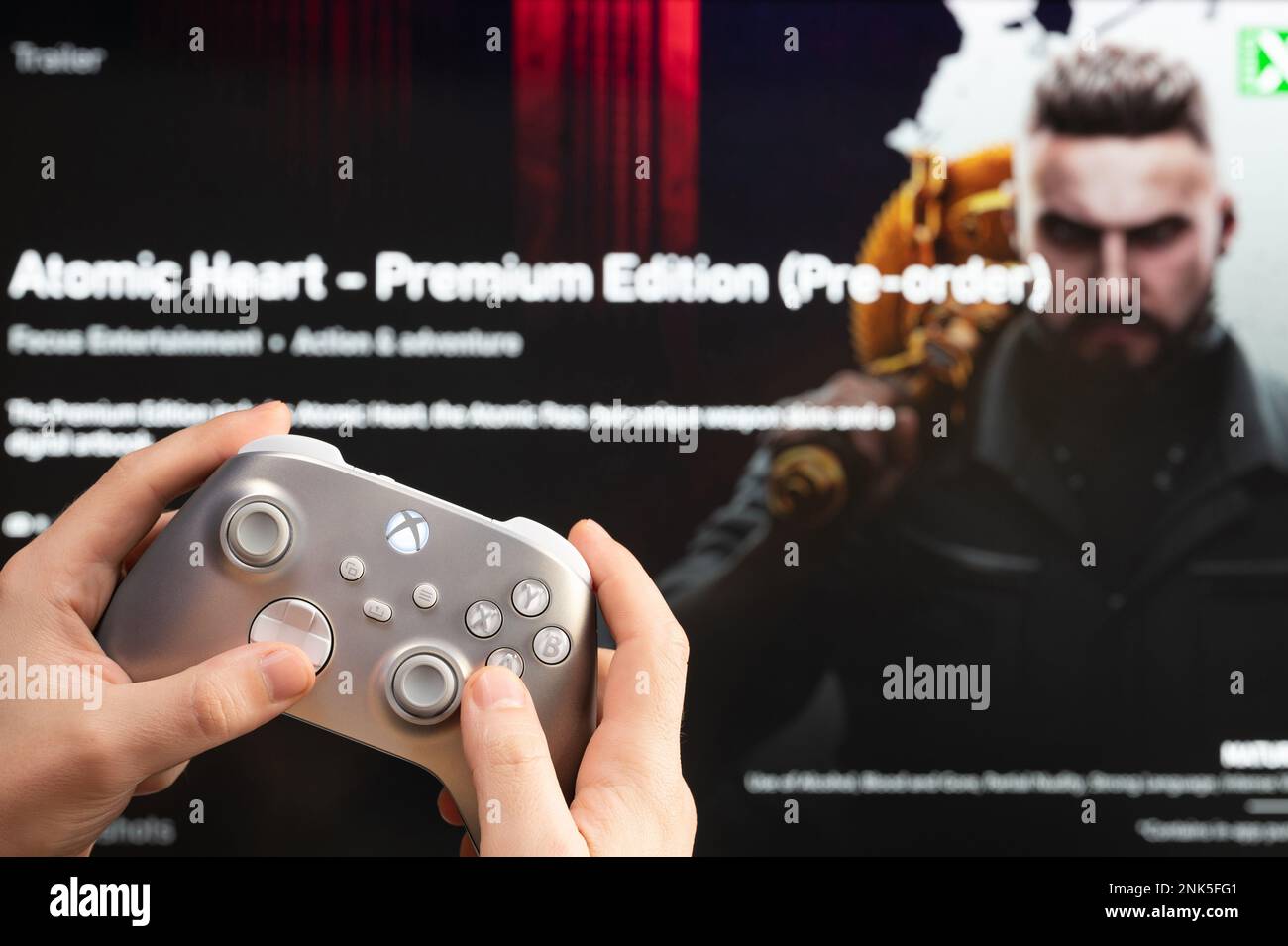 New york, USA - February 20, 2023: Play Atomic Heart console game on TV ...