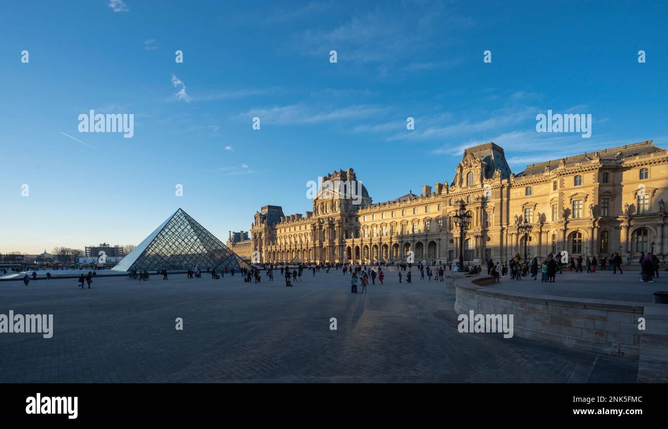 Paris, France - 02 21 2023: Panoramic view of Louvre pyramid and the ...