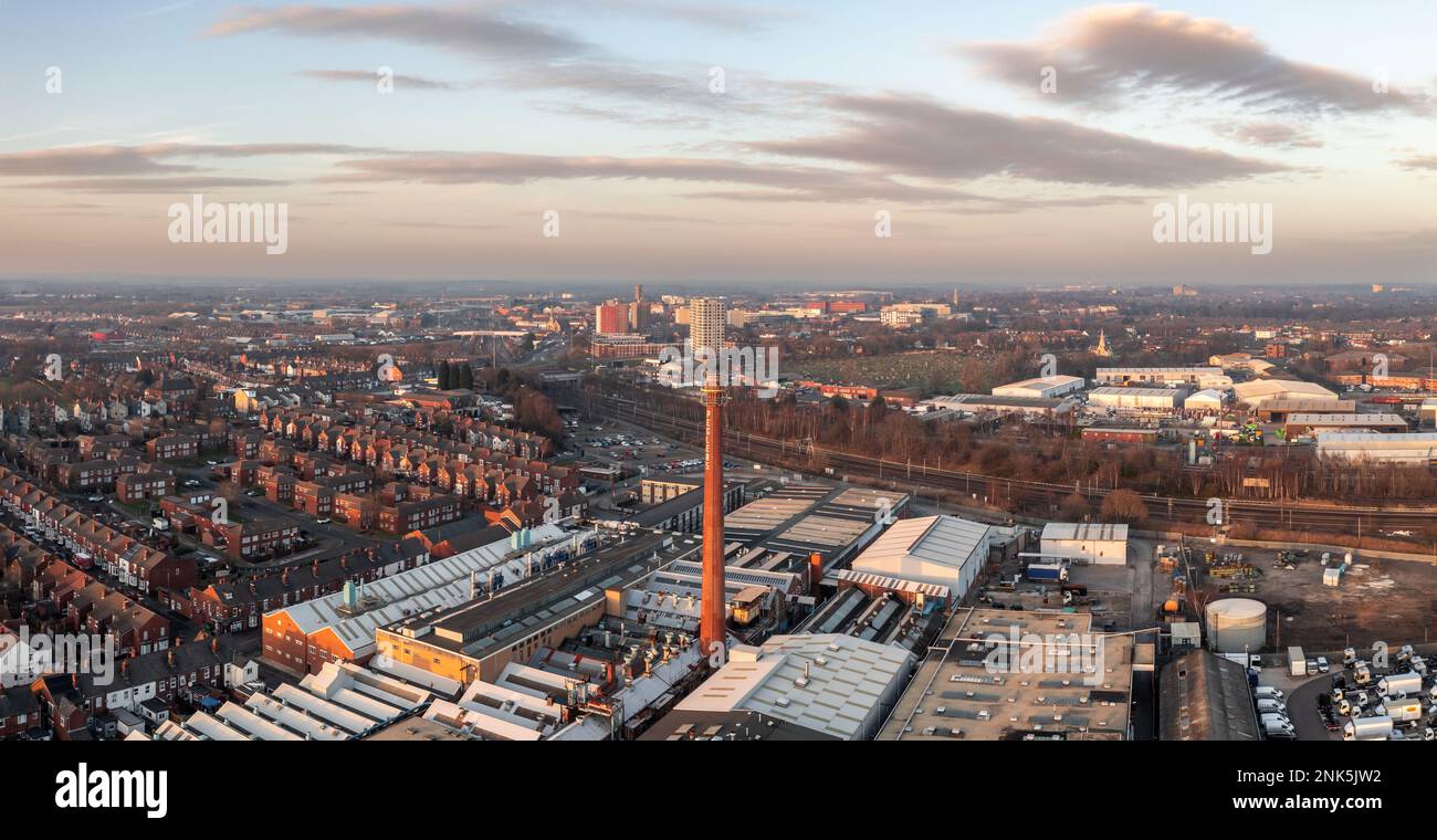 An aerial panorama view of Doncaster cityscape skyline at sunset with ...