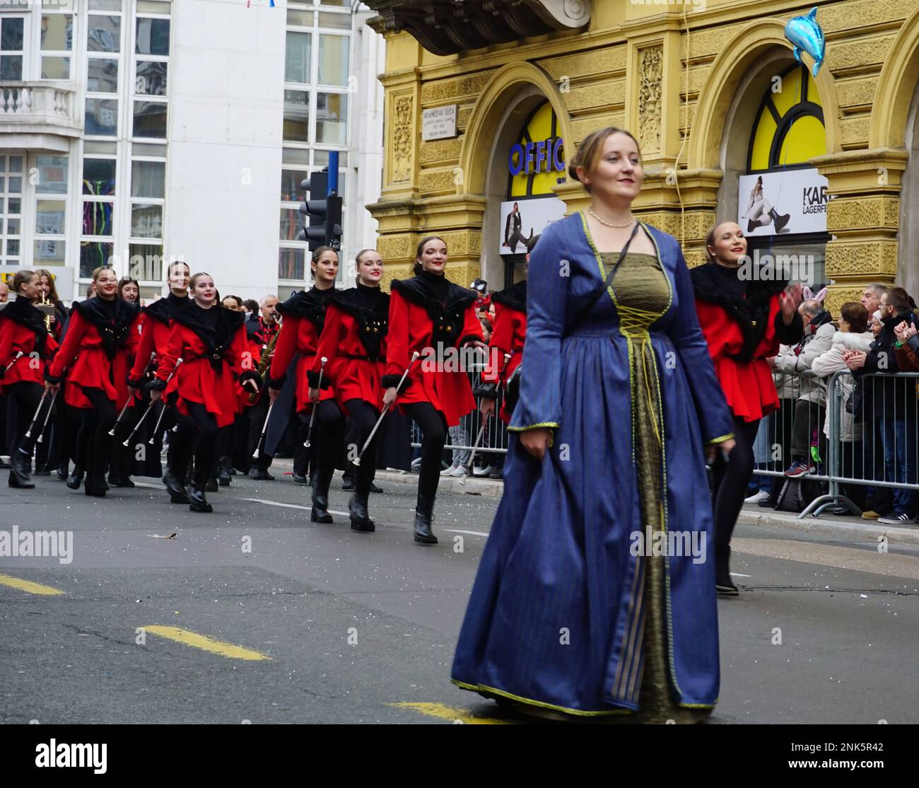 Rijeka, Croatia, 19th February, 2023. Young female majorettes in red ...