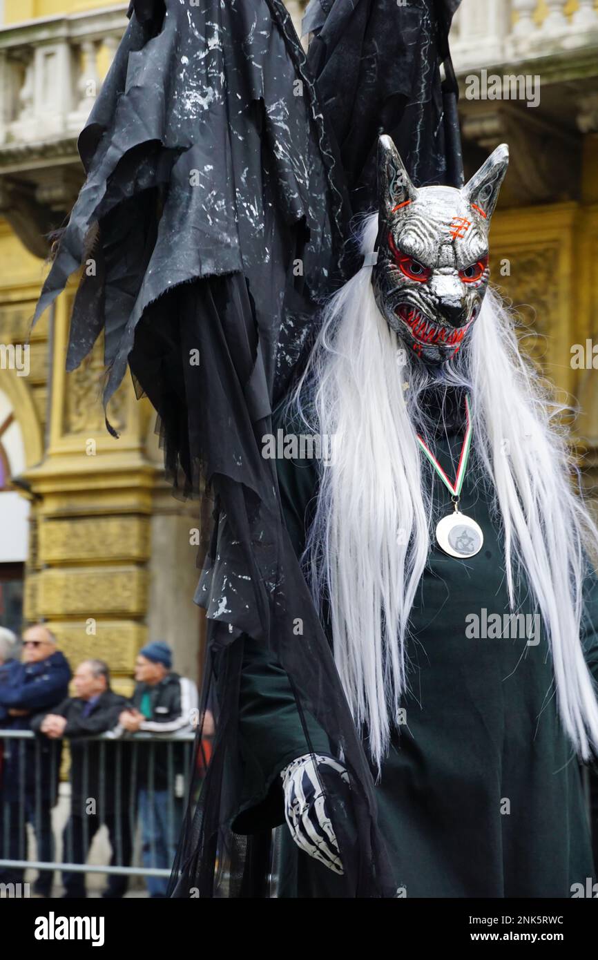 Rijeka, Croatia, 19th February, 2023. Scary mask of a black monster ...