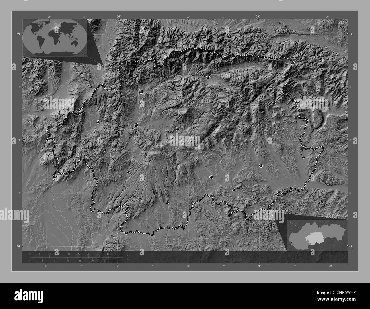 Banskobystricky, region of Slovakia. Bilevel elevation map with lakes ...