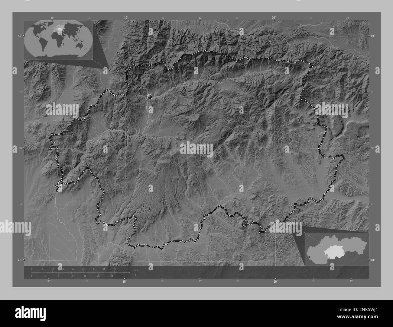 Banskobystricky, region of Slovakia. Grayscale elevation map with lakes ...