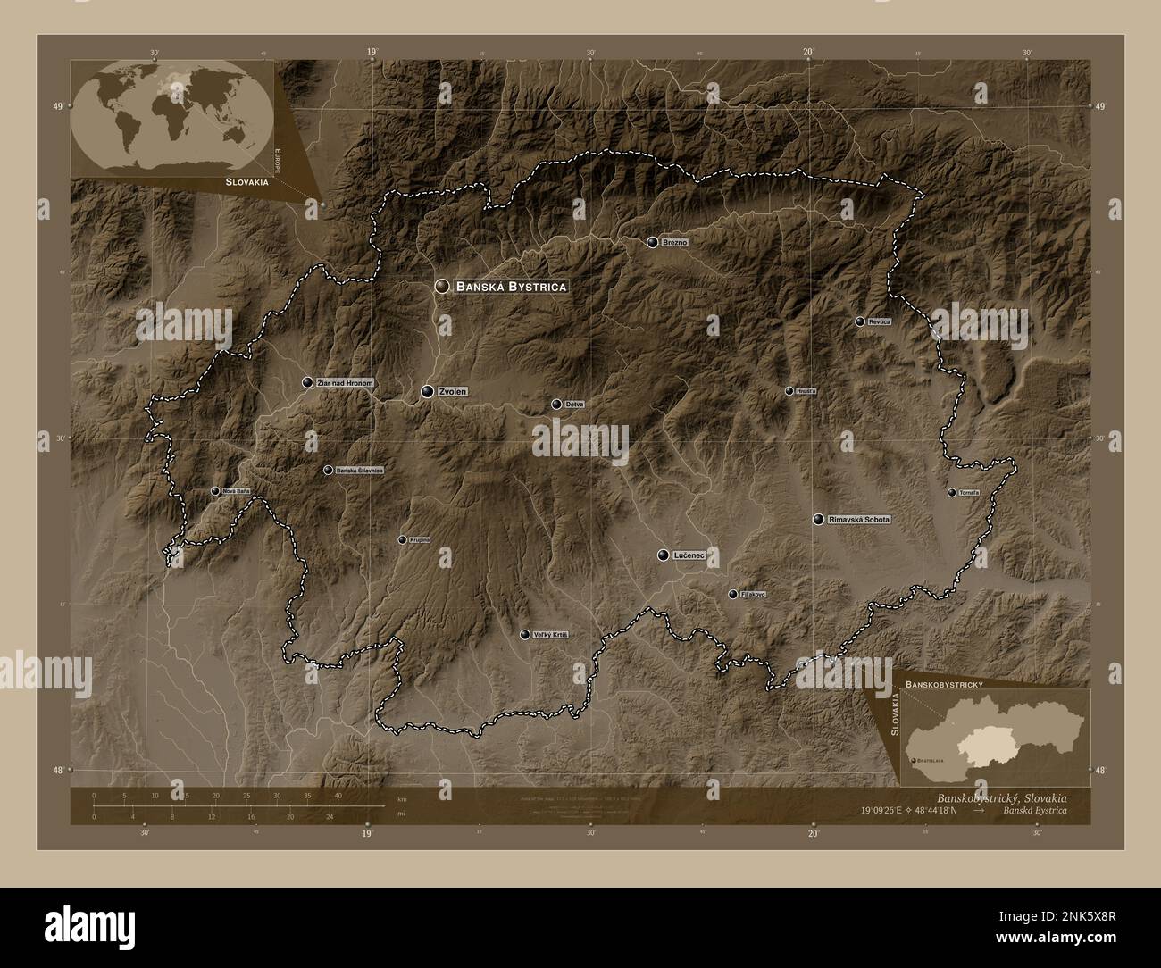 Banskobystricky, region of Slovakia. Elevation map colored in sepia ...