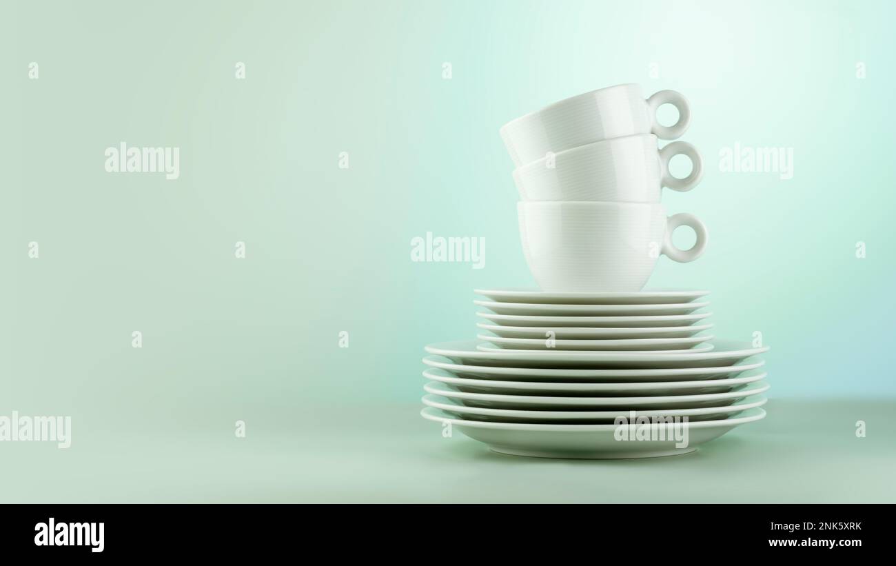 Clean, empty white dishes and cups on blue gradient background. Eco ...