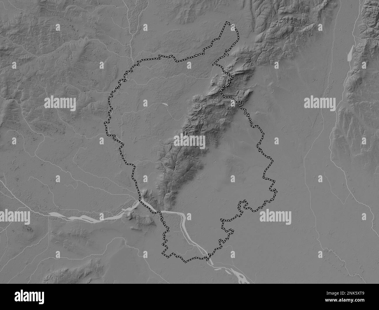 Bratislavsky, region of Slovakia. Grayscale elevation map with lakes ...