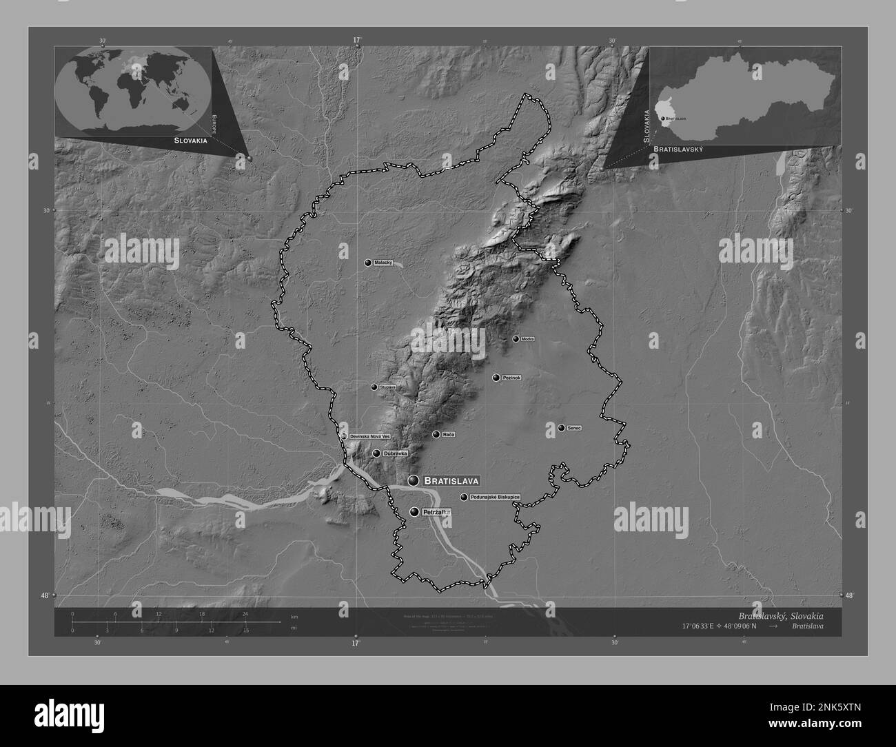 Bratislavsky, region of Slovakia. Bilevel elevation map with lakes and ...