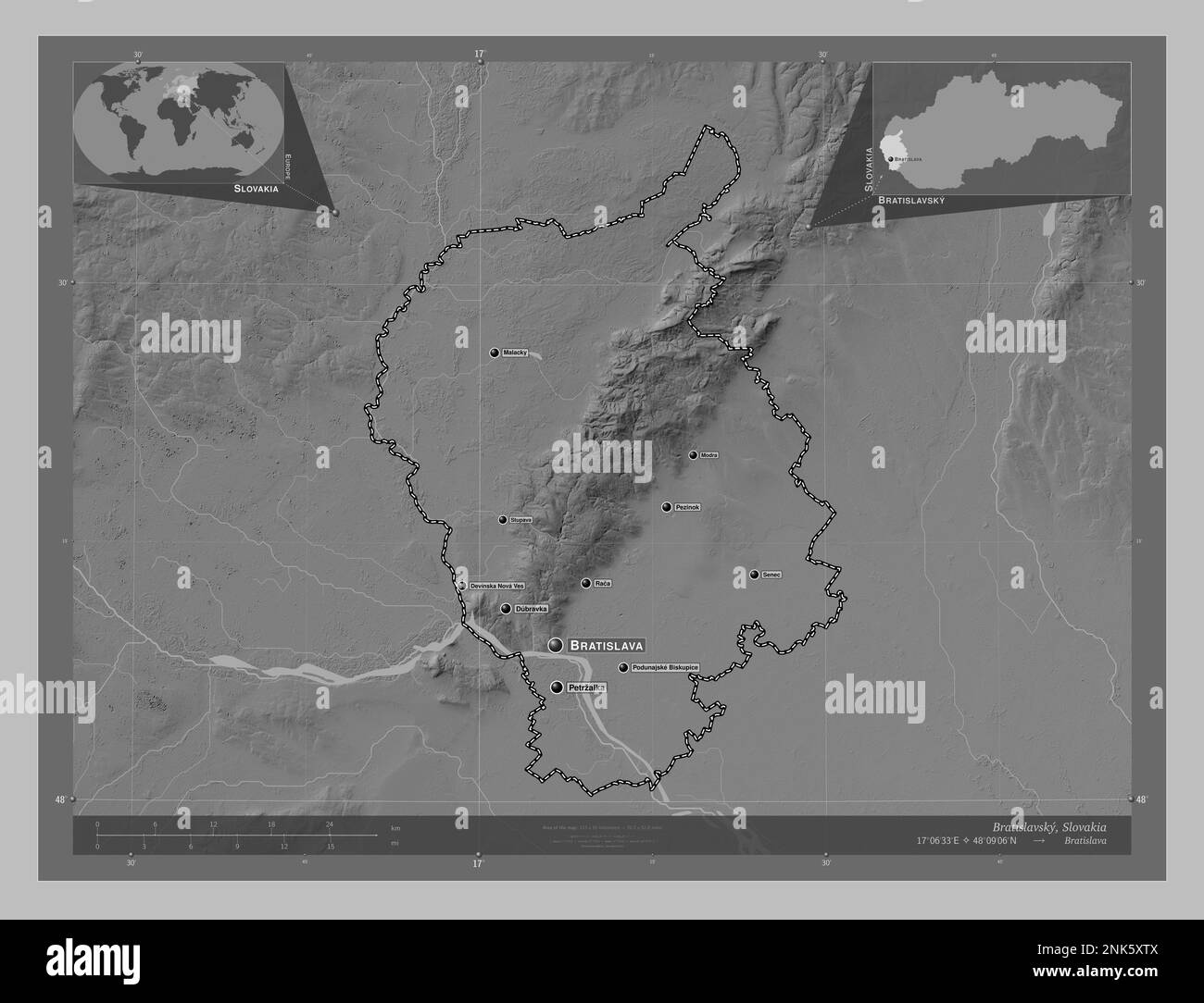 Bratislavsky, region of Slovakia. Grayscale elevation map with lakes ...