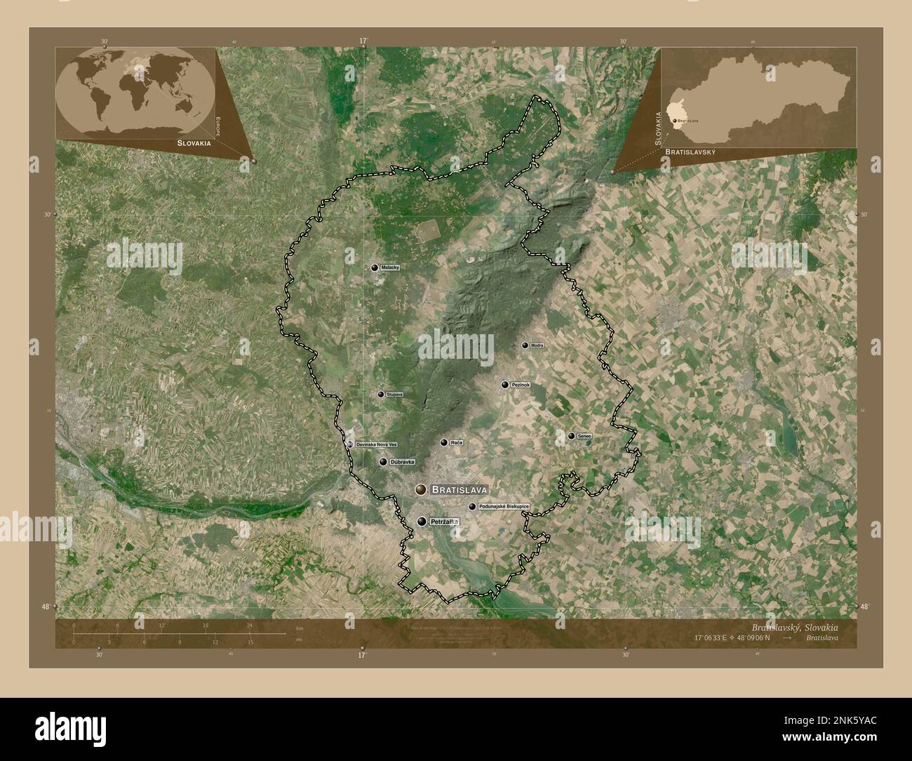 Bratislavsky, region of Slovakia. Low resolution satellite map ...