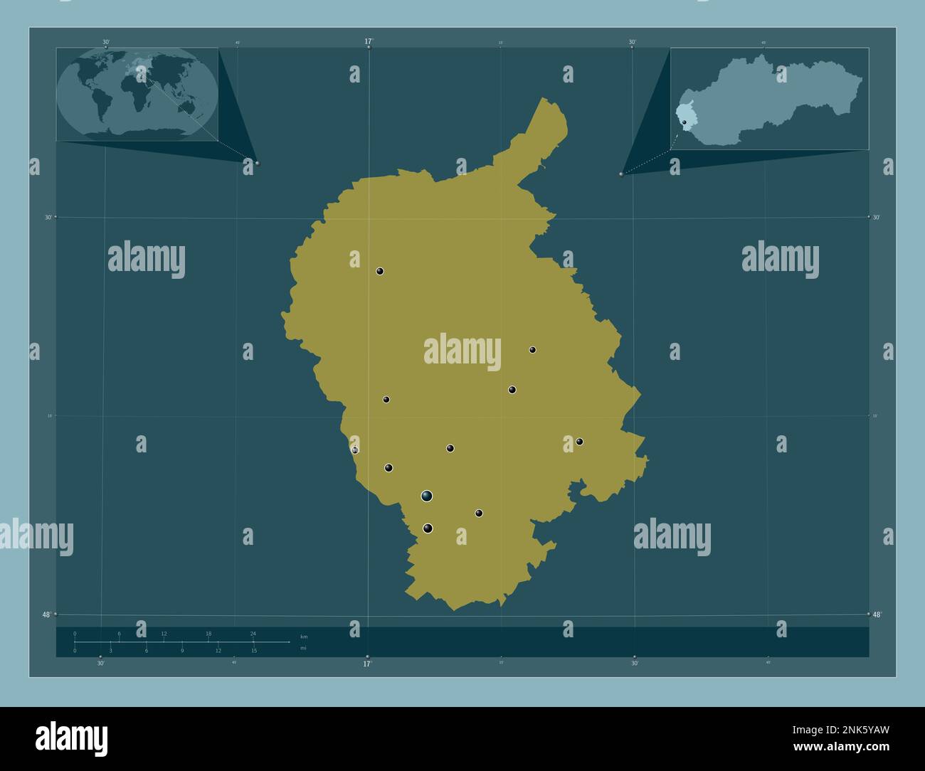 Bratislavsky, region of Slovakia. Solid color shape. Locations of major ...